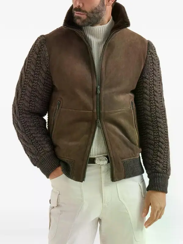 Brunello Cucinelli Suede Shearling And Cashmere Knit Bomber Jacket With Thermore® Padding