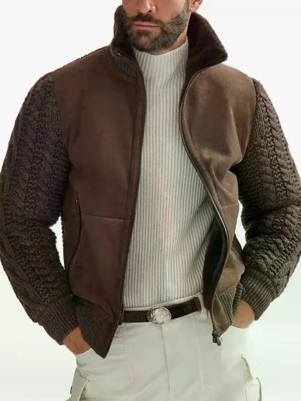 Brunello Cucinelli Suede Shearling And Cashmere Knit Bomber Jacket With Thermore® Padding