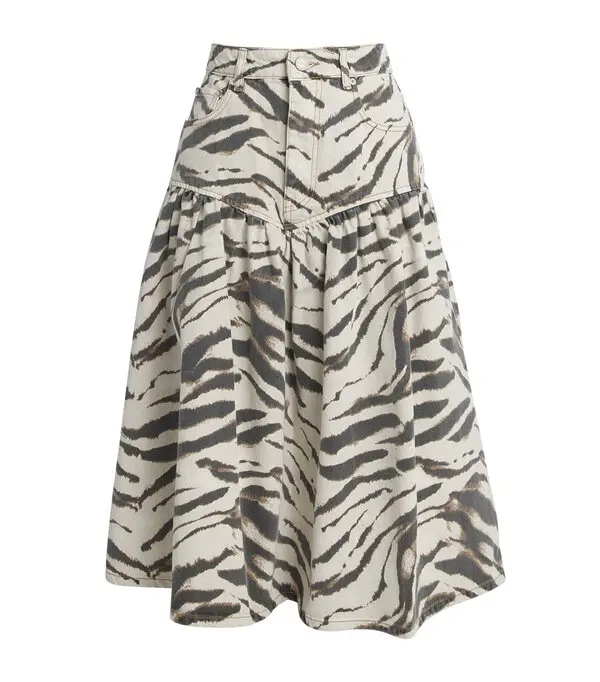 GANNI Zebra Denim Midi Skirt - Ivory