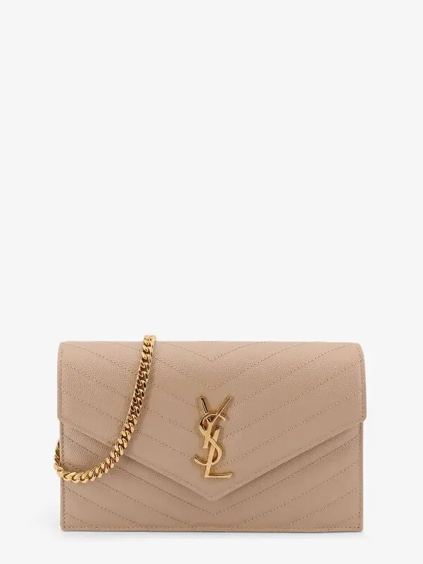 Saint Laurent Leather Shoulder Bag With Metal Cassandre Logo - Beige