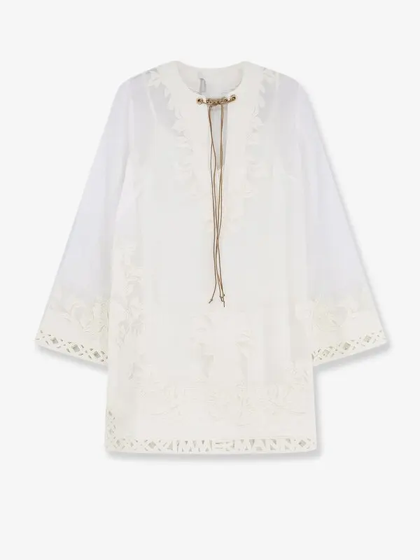 Zimmermann Indra Ramie Long Dress With All-over Embroidery - White