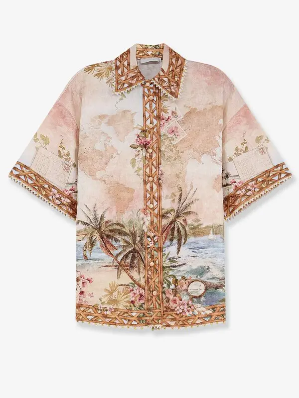 Zimmermann Mahon Linen Shirt With Island Map Print - Beige