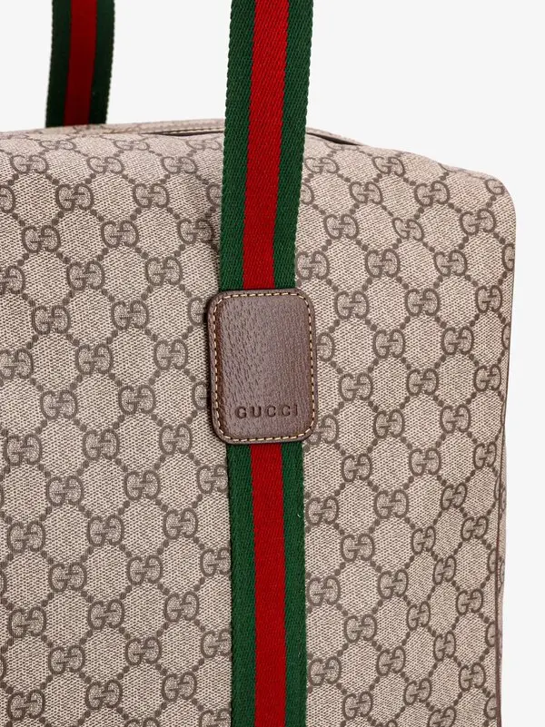 Gucci Gg Supreme Fabric And Leather Travel Bag With Web Detail - Beige