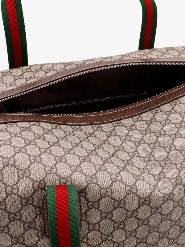 Gucci Gg Supreme Fabric And Leather Travel Bag With Web Detail - Beige
