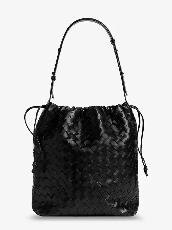 Bottega Veneta Bucket Intrecciato Biblioteca Leather Shoulder Bag - Black