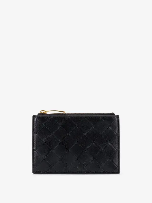 Bottega Veneta Leather Card Holder With Intrecciato Motif - Black