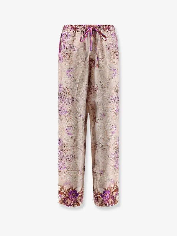 PIERRE-LOUIS MASCIA Wide Leg Silk Trousers With Multicolor Print - Beige