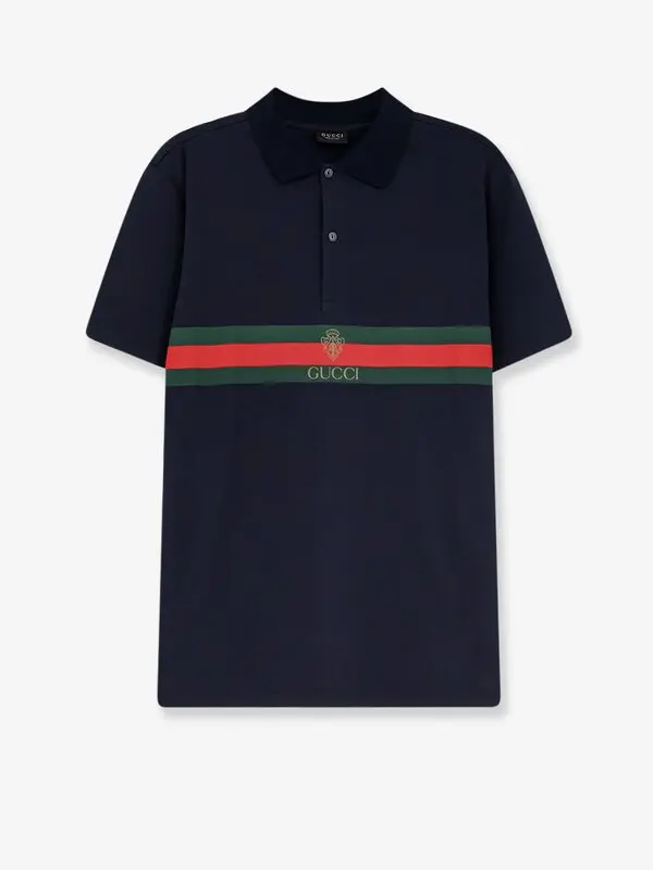 Gucci Cotton Polo Shirt With Web Print On The Front - Blue