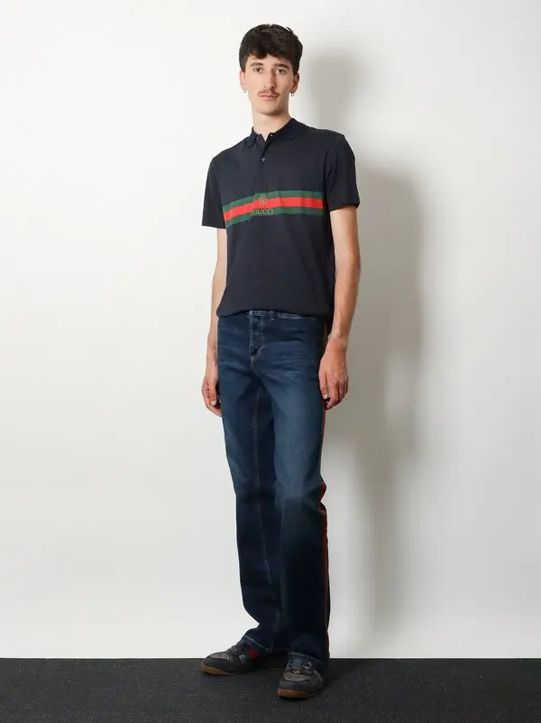 Gucci Cotton Polo Shirt With Web Print On The Front - Blue