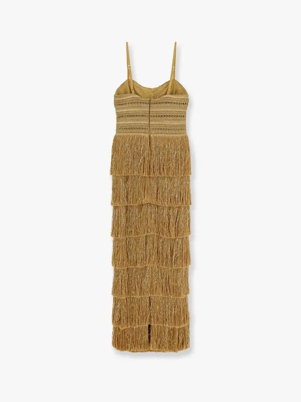 PatBO Long Dress With Embroidered Bodice And Tiered Fringe Skirt