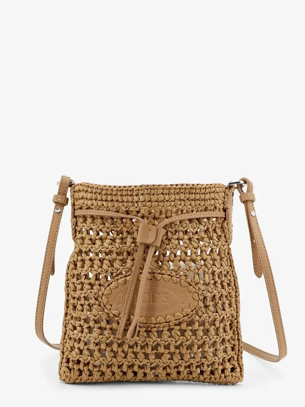 TOD'S Raffia Bucket Bag With Crochet Motif - Brown