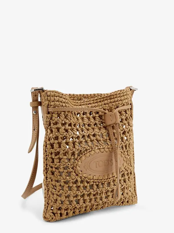 TOD'S Raffia Bucket Bag With Crochet Motif - Brown
