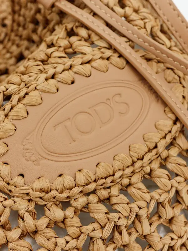 TOD'S Raffia Bucket Bag With Crochet Motif - Brown