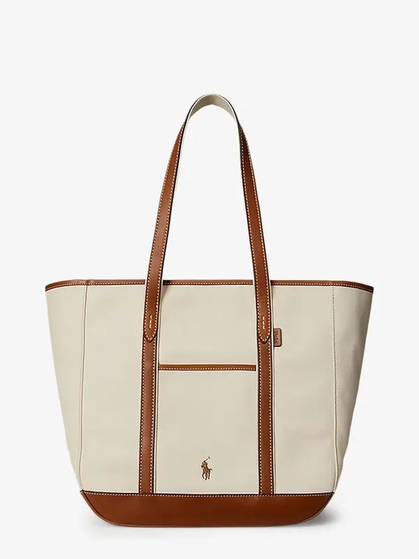 Polo Ralph Lauren Canvas Tote Bag With Leather Trim And Embroidered Logo - Brown