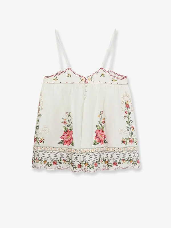Farm Rio Embroidered Linen-viscose Blend Top