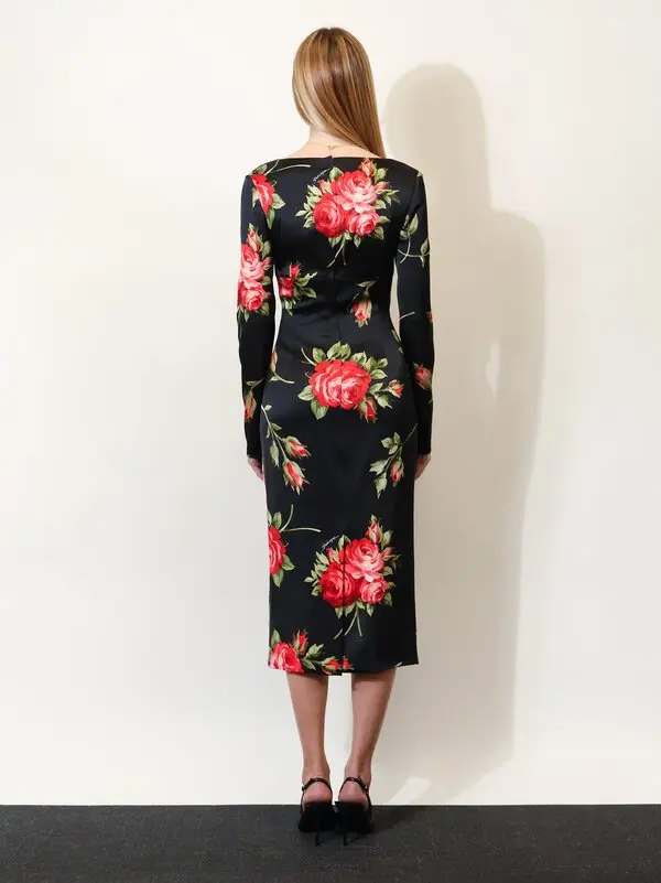 Dolce & Gabbana Viscose Midi Dress With Iconic Rose Print