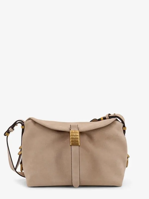 Pinko Leather Shoulder Bag With Metal Logo Detail - Beige