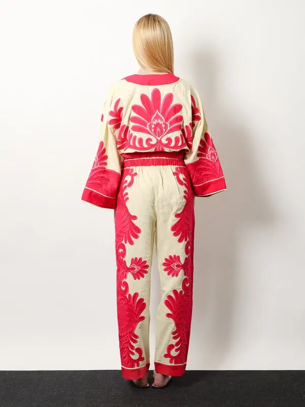 Farm Rio Linen And Viscose Blend Trousers With Floral Embroidery