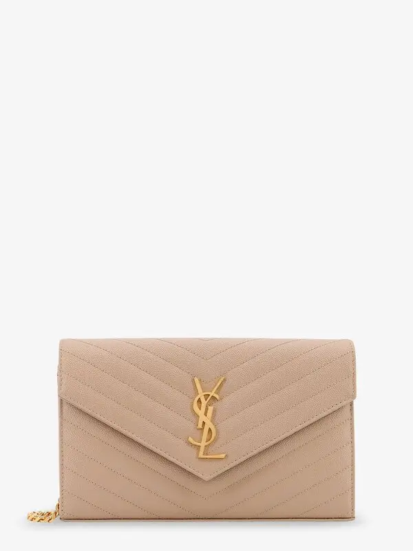 Saint Laurent Leather Crossbody Bag With Metal Cassandre Logo - Beige