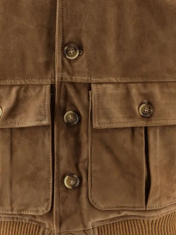 DFOUR Suede Bomber Jacket With Button Closure And Ribbed Trim - Beige