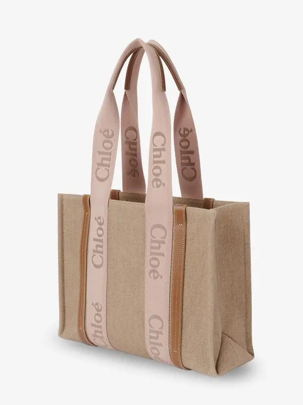 Chloé Woody Linen Shoulder Bag With Embroidered Logo
