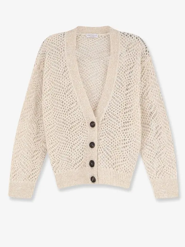 Brunello Cucinelli Mohair Blend Cardigan With Iconic Dazzling Motif - Beige
