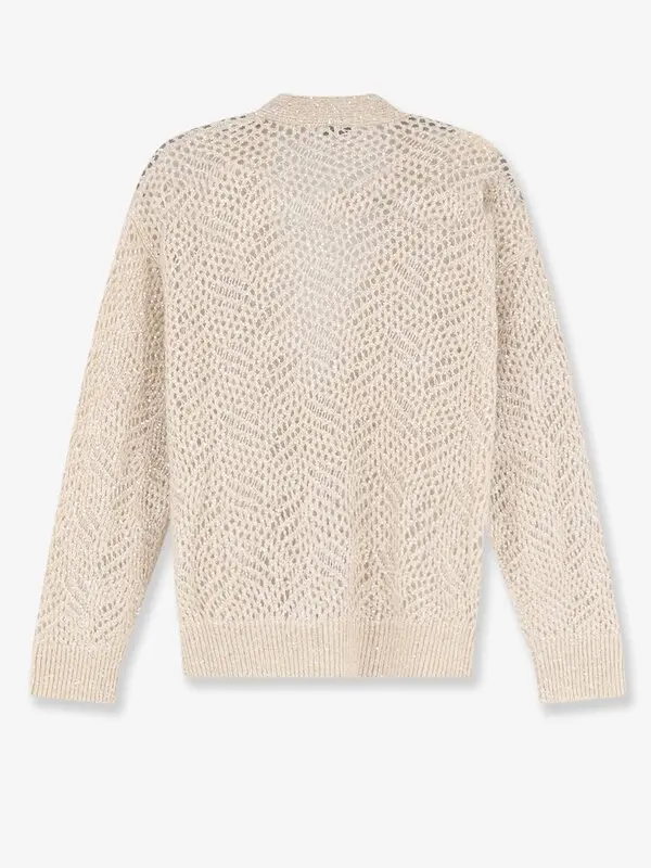 Brunello Cucinelli Mohair Blend Cardigan With Dazzling Motif - Beige