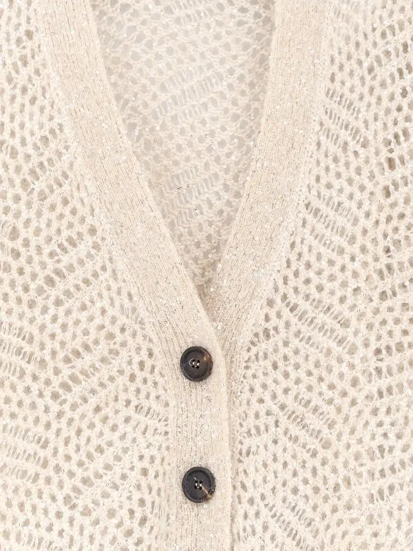 Brunello Cucinelli Mohair Blend Cardigan With Dazzling Motif - Beige