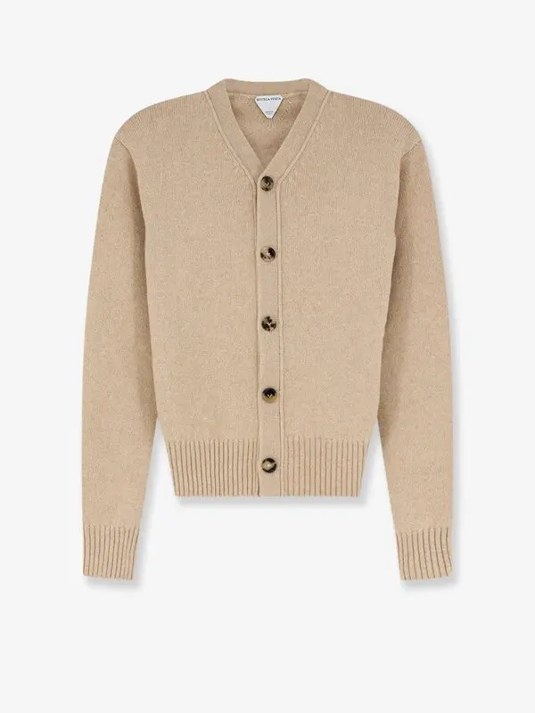 Bottega Veneta Cashmere Blend Cardigan With Intrecciato Logo Patch - Beige