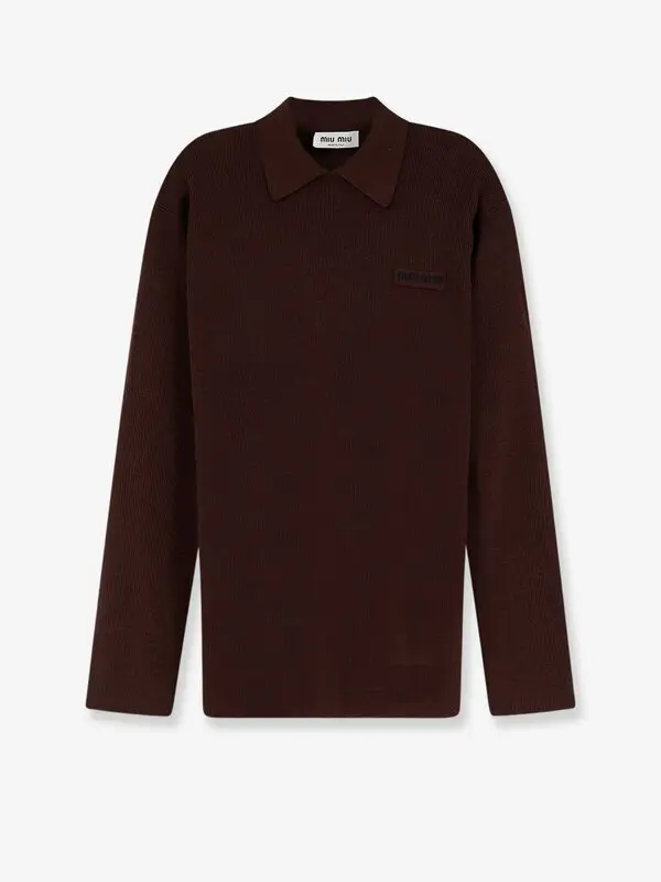 Miu Miu Wool Polo Shirt With Embroidered Logo On The Front - Brown
