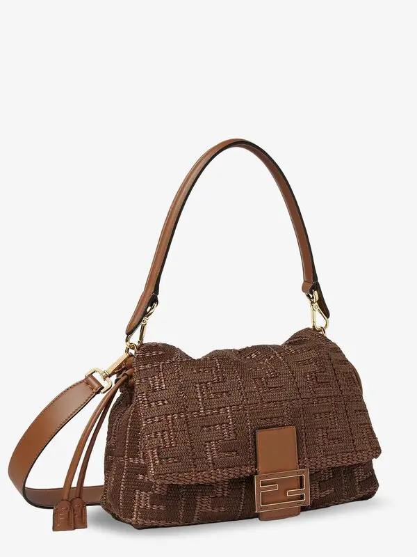 Fendi Mamma Baguette Medium Raffia Handbag With Ff Embroidery