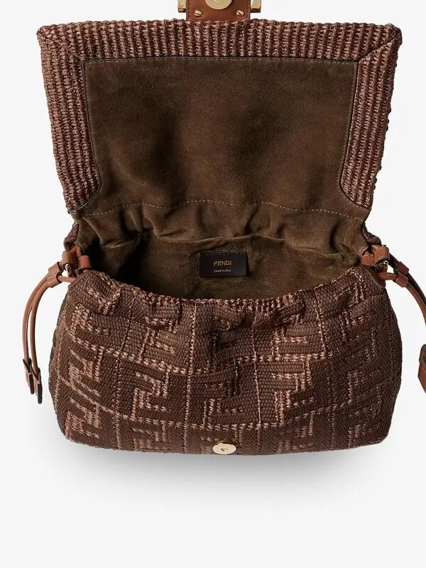 Fendi Mamma Baguette Medium Raffia Handbag With Ff Embroidery