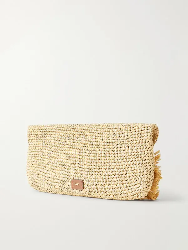 ANYA HINDMARCH Bow Leather-trimmed Raffia Clutch