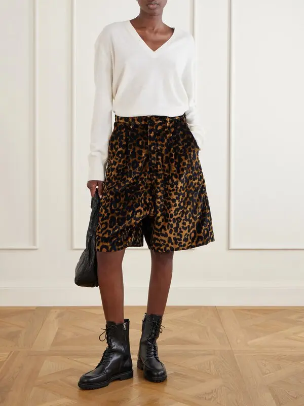 R13 Jumbo Pleated Leopard-print Cotton-velvet Shorts