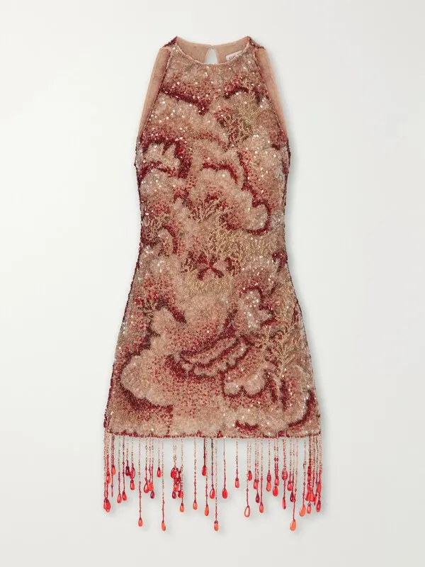CLIO PEPPIATT Fringed Beaded Sequin-embellished Mini Dress - Red