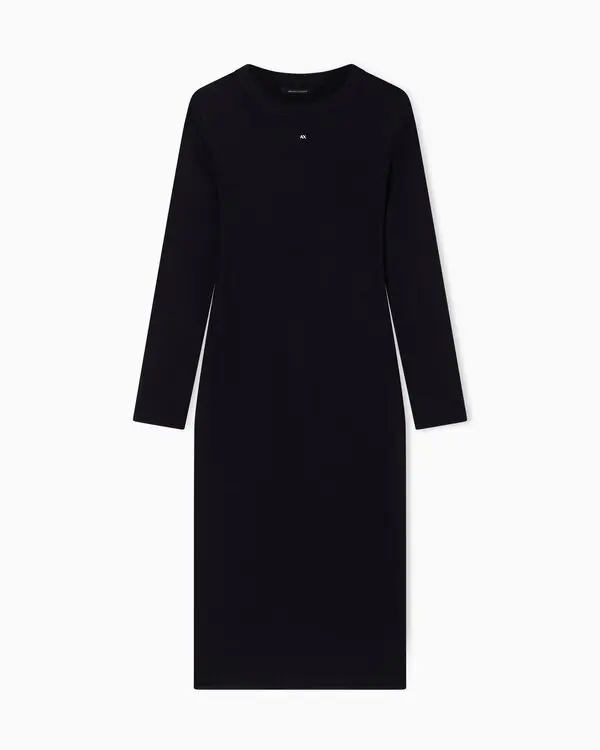 Armani Exchange Fitted Midi Dress In Ribbed Jersey With Logo - Black