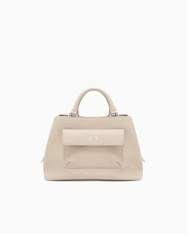 Armani Exchange Textured Handbag With Structured Top Handle And Flap Pocket - Beige