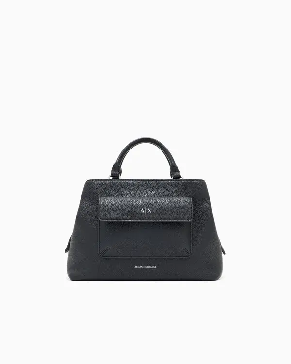 Armani Exchange Textured Handbag With Structured Top Handle And Flap Pocket - Black