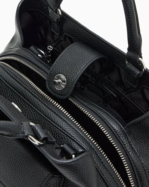 Armani Exchange Textured Handbag With Structured Top Handle And Flap Pocket - Black