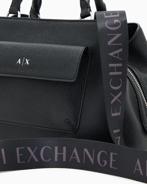 Armani Exchange Textured Handbag With Structured Top Handle And Flap Pocket - Black