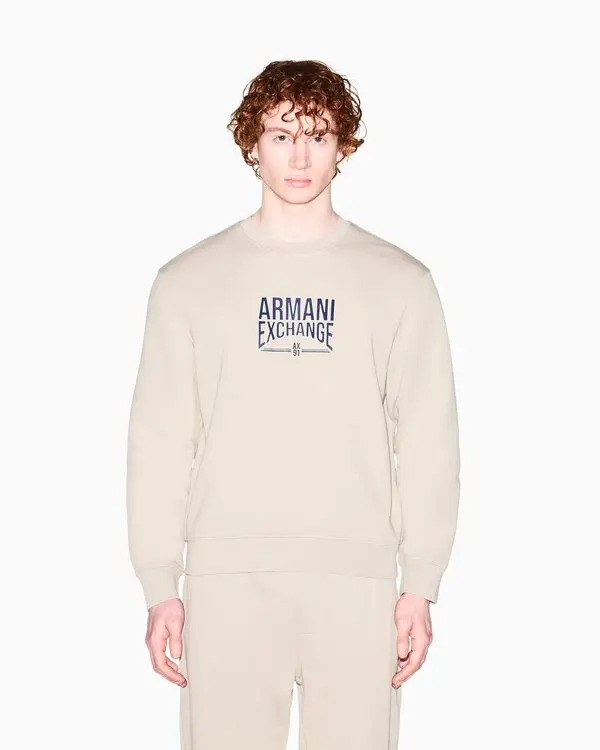 Armani Exchange Diagonal Fleece Cotton Crewneck Sweatshirt - Beige