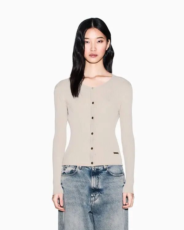 Armani Exchange Fitted Cardigan In Recycled Viscose Knit - Beige