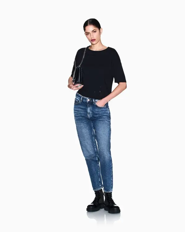 Armani Exchange Cropped Basic T-shirt In Cotton Jersey - Black