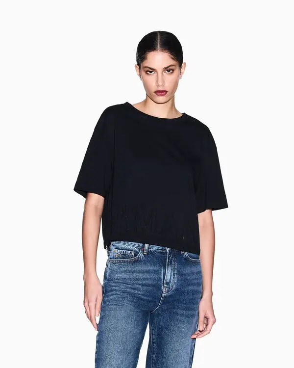 Armani Exchange Cropped Basic T-shirt In Cotton Jersey - Black