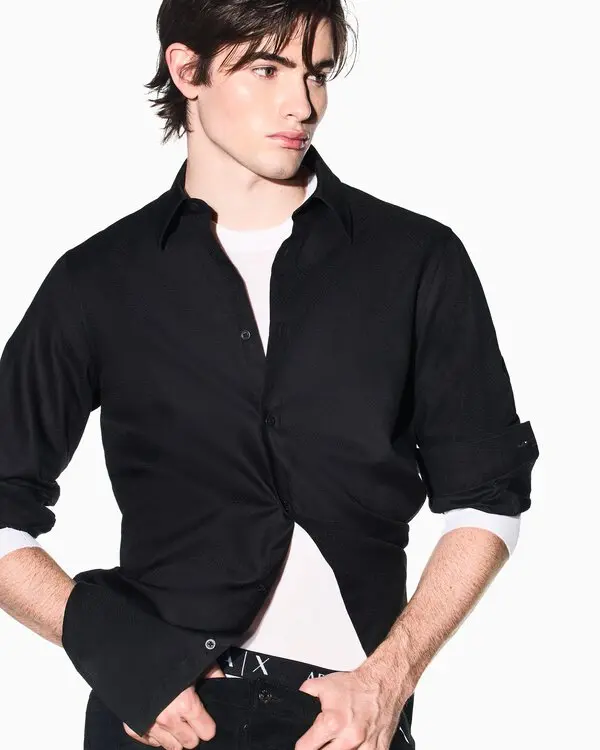 Armani Exchange Casual Shirt In Textured Cotton Jacquard - Black