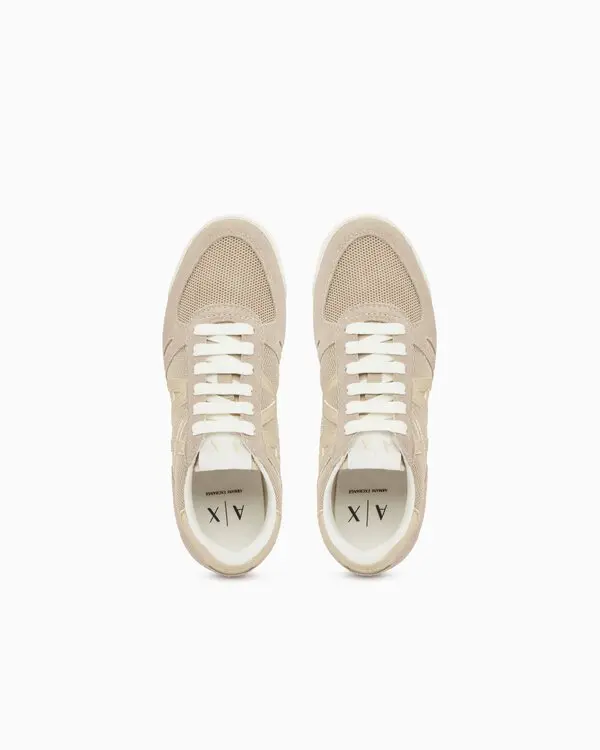 Armani Exchange Sneakers In Suede And Mesh With Reflective Details - Beige