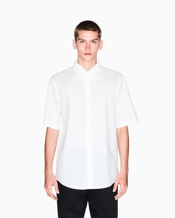 Armani Exchange Short-sleeve Button-up Shirt In Cotton Jacquard Essential - White