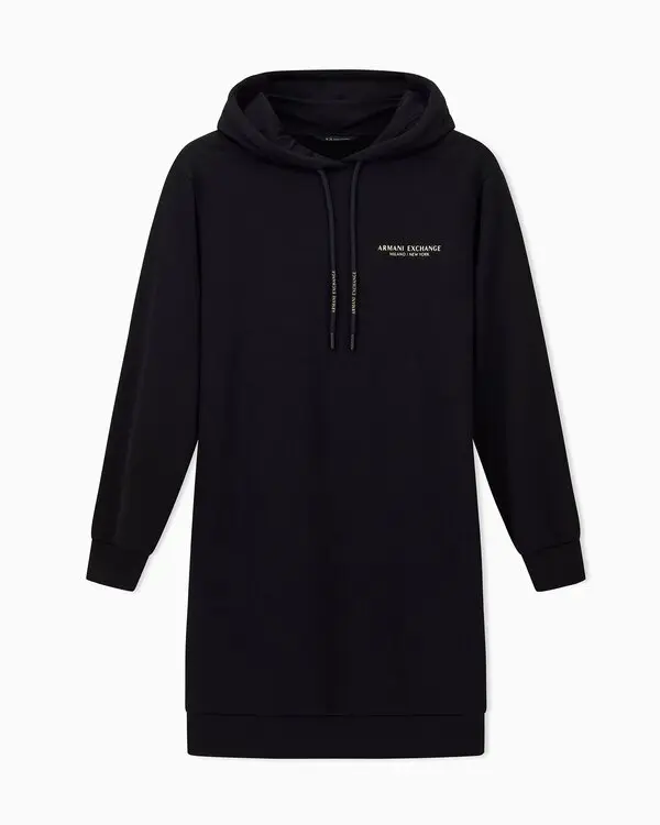 Armani Exchange Hoodie Dress Essential In Cotton French Terry With Logo - Black