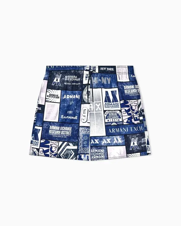 Armani Exchange Boxer Swim Trunks With Drawstring And Pockets - Patterned