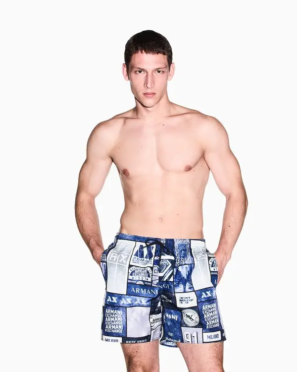 Armani Exchange Boxer Swim Trunks With Drawstring And Pockets